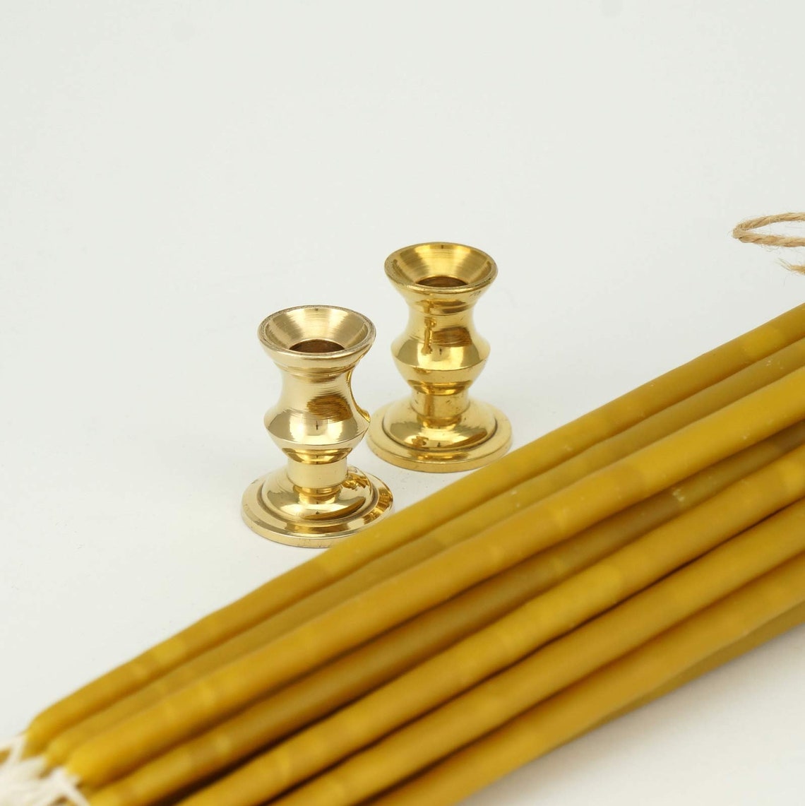 Set of 2 Mini Single Brass Candlestick Holders and 20 Pcs Pure Beeswax ...
