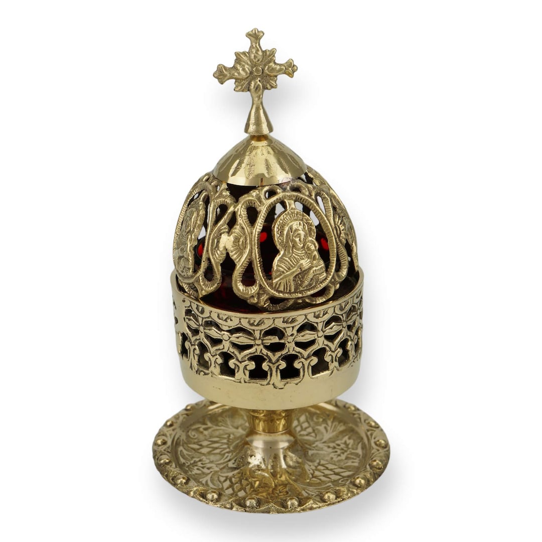 Brass Standing Vigil Lamp With Theotokos Design Lid Orthodox Oil Lamp ...
