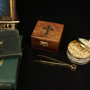 Small Hand Carved Wood Storage Box With Hinged Lid and Metal Cross ...
