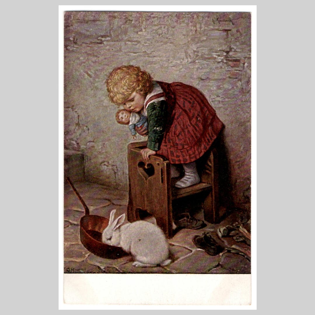Vintage Illustrated Postcard - Little Girl Afraid of White Rabbit Bunny ...