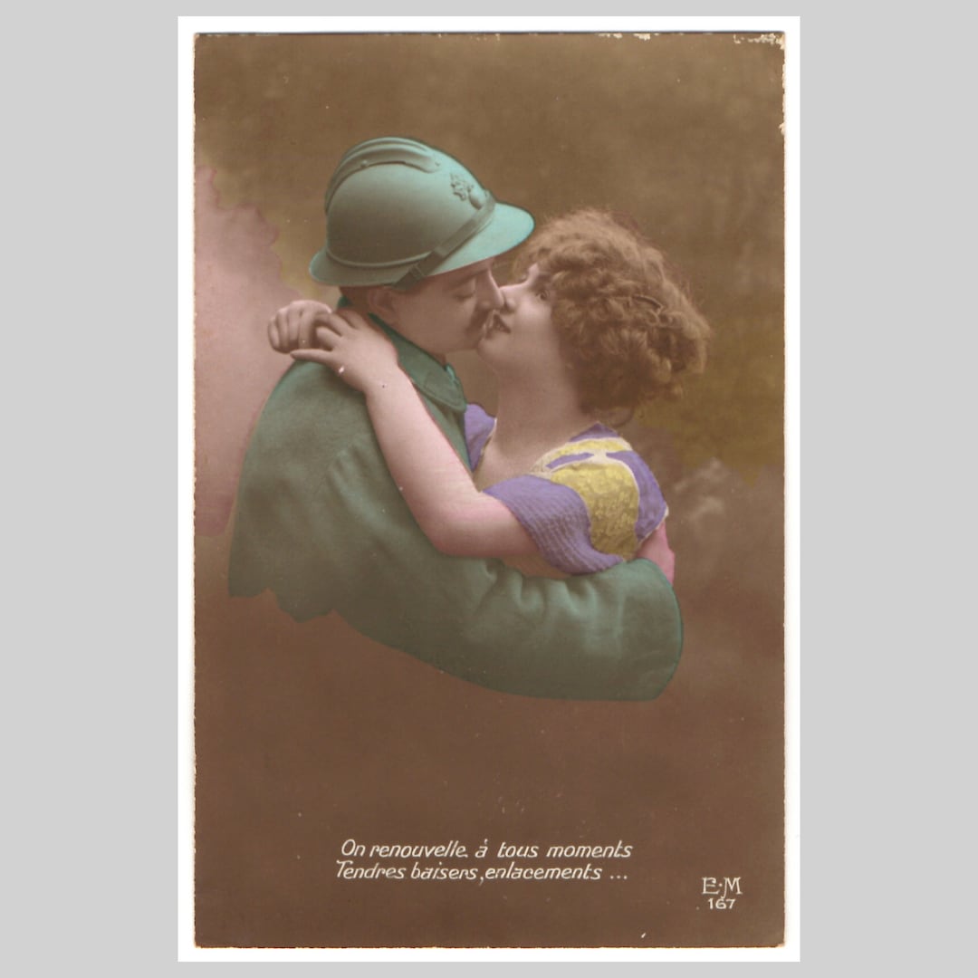 Kissing Couple Vintage Risque Real Photo Postcard French WWI Propaganda ...