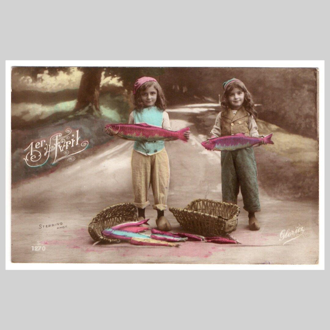 Vintage April Fools Day Real Photo Postcard Children Boy Girl With Fish ...