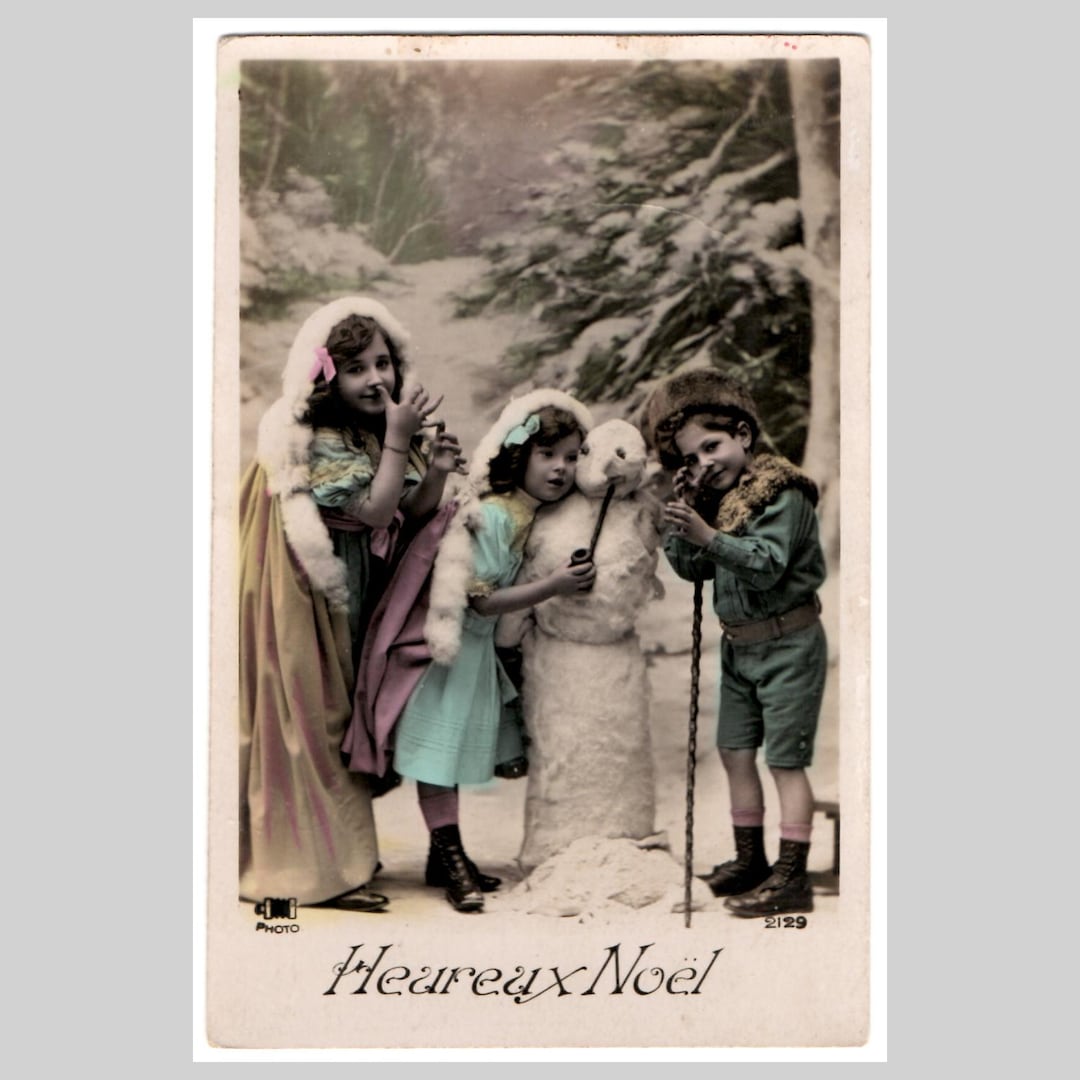 Vintage French Snowman Real Photo Postcard Christmas Cildren Boy Girl ...
