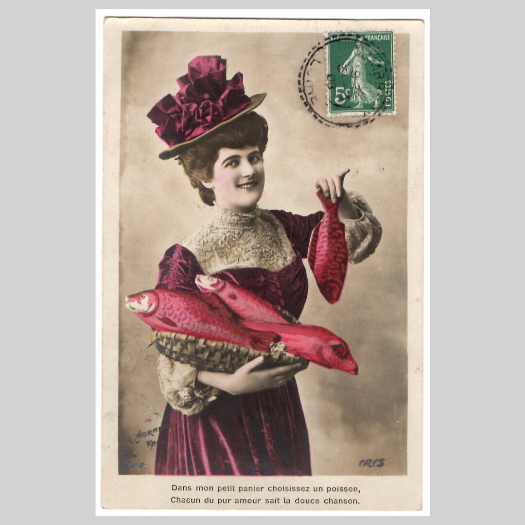 Vintage April Fools Day Real Photo Postcard Lady Woman With Fish Basket ...