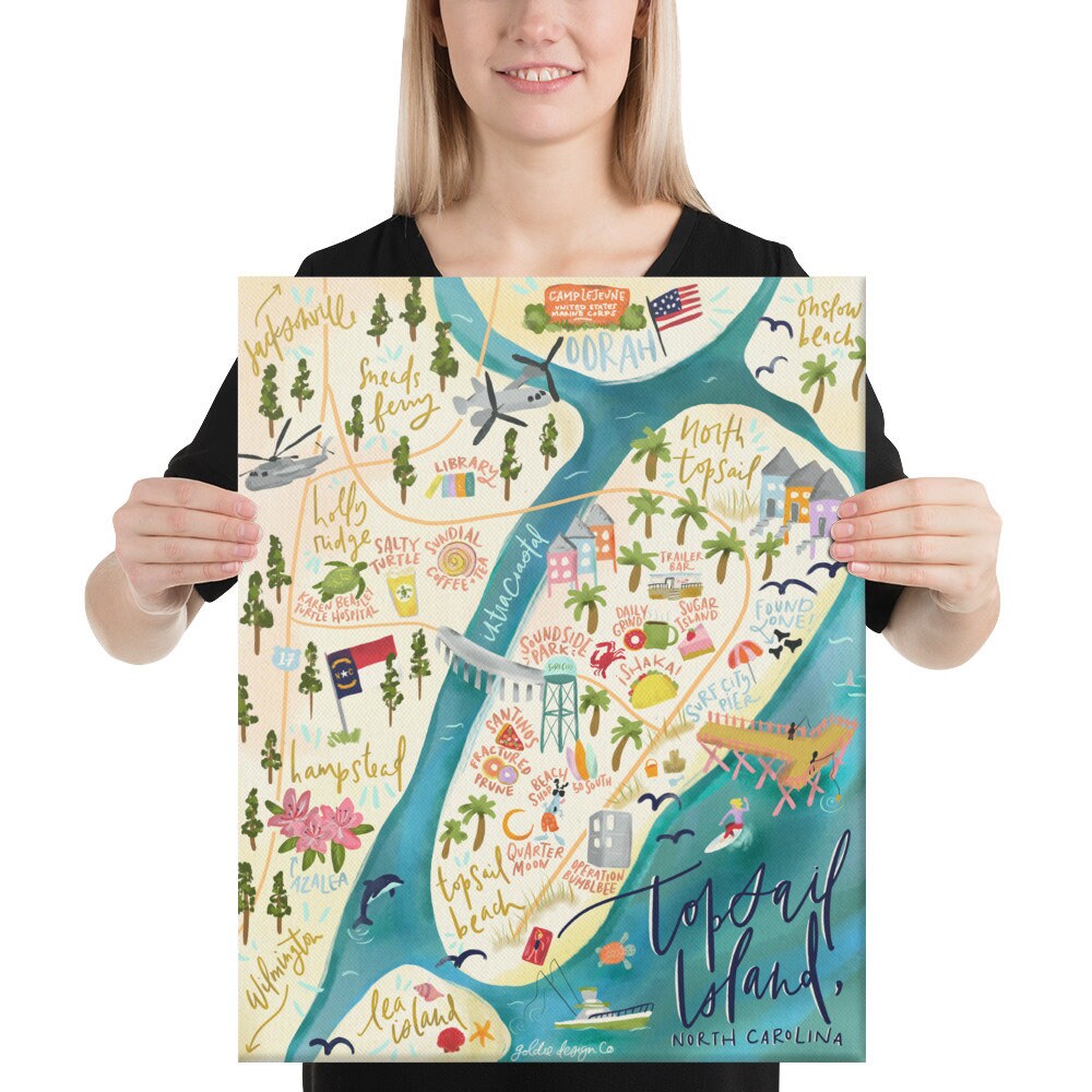 Topsail Island Illustrated Map Canvas - Etsy