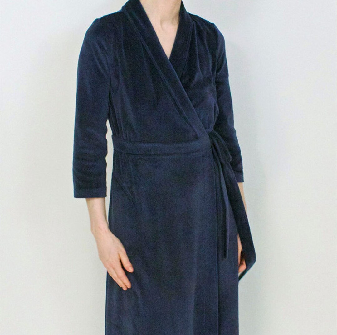 Navy Cotton Velour Kimono-style Robe, Women's Bathrobe, Housecoat ...