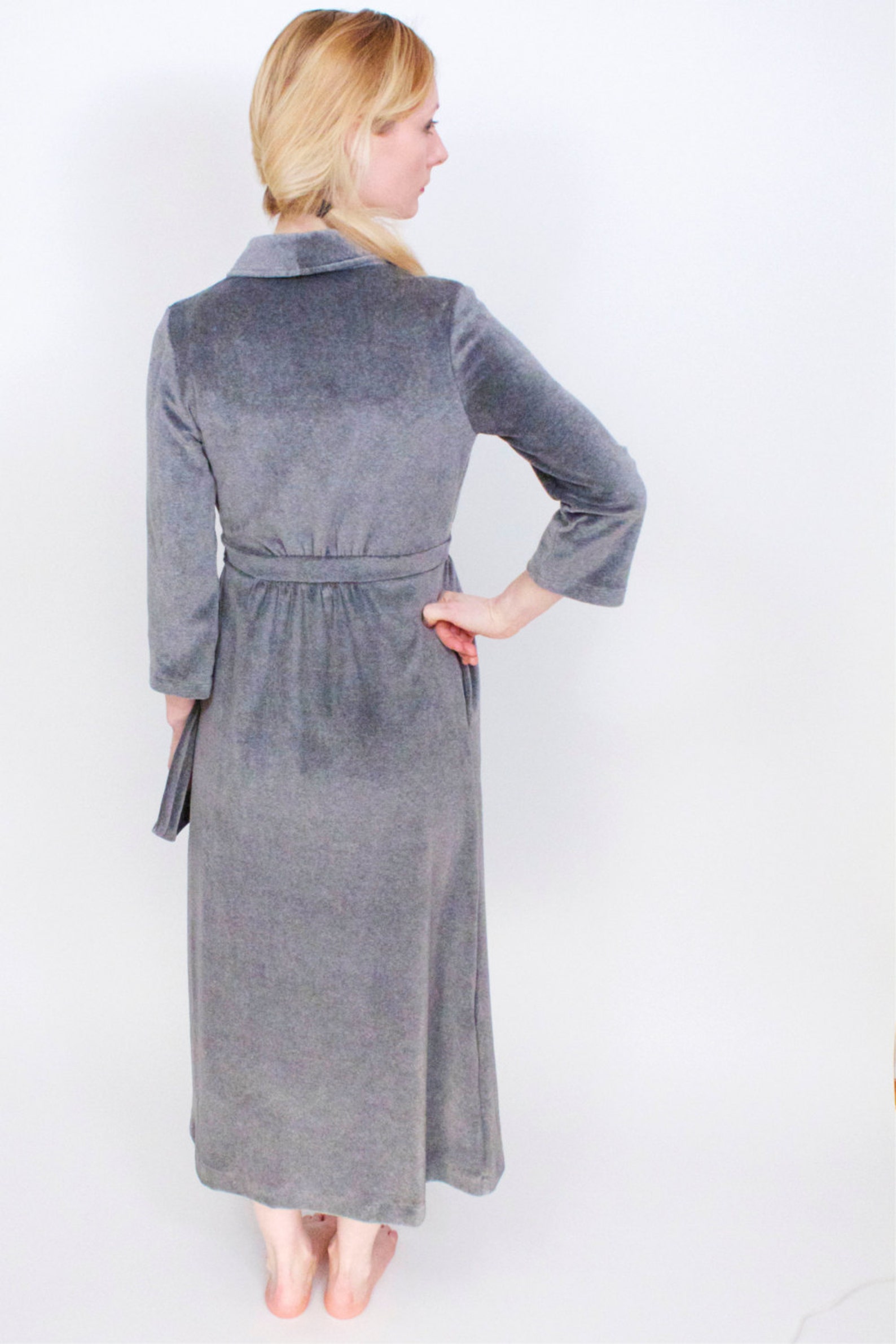 Gray Cotton Velour Kimono-style Robe, Women's Bathrobe, Housecoat ...