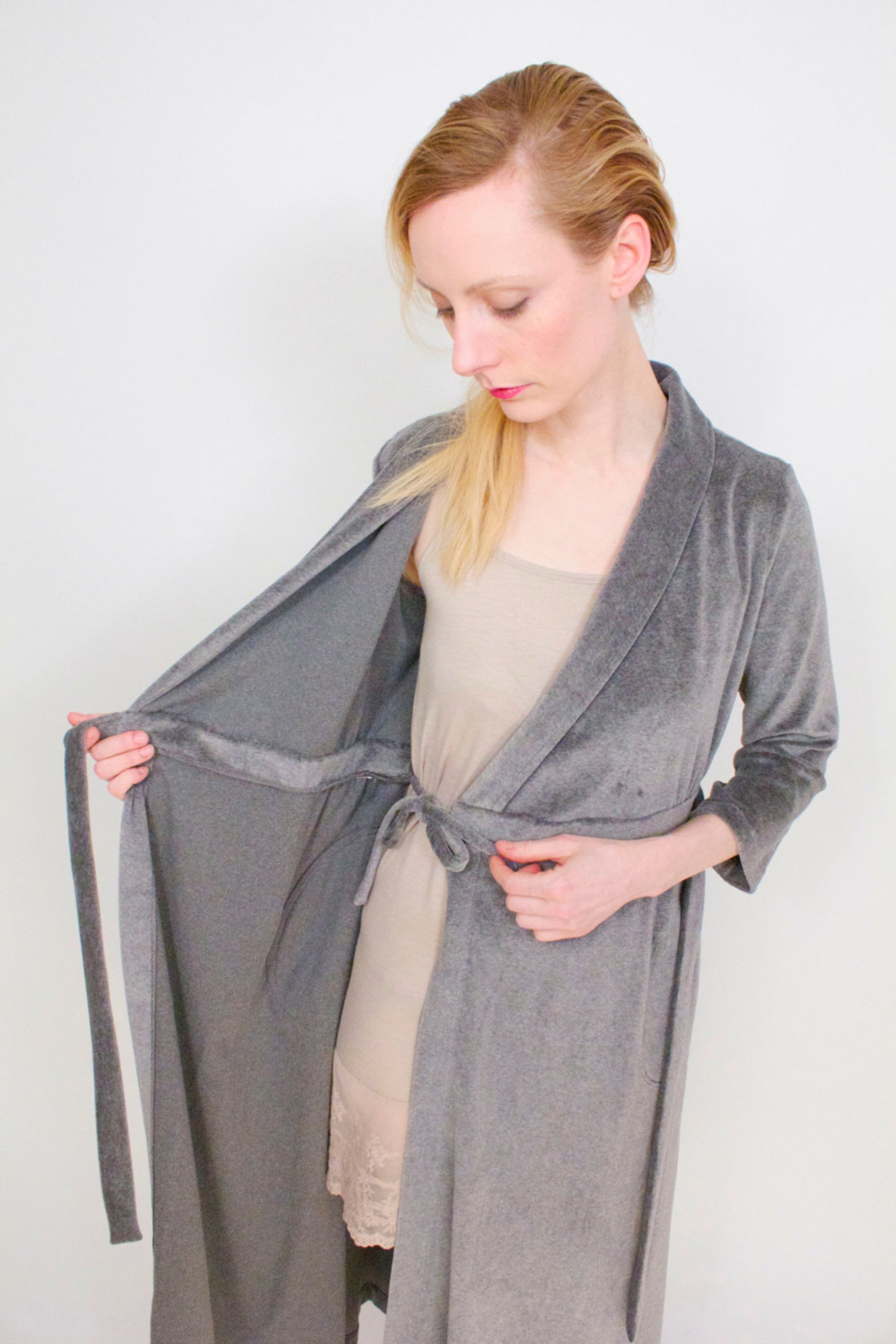 Gray Cotton Velour Kimono-style Robe, Women's Bathrobe, Housecoat ...
