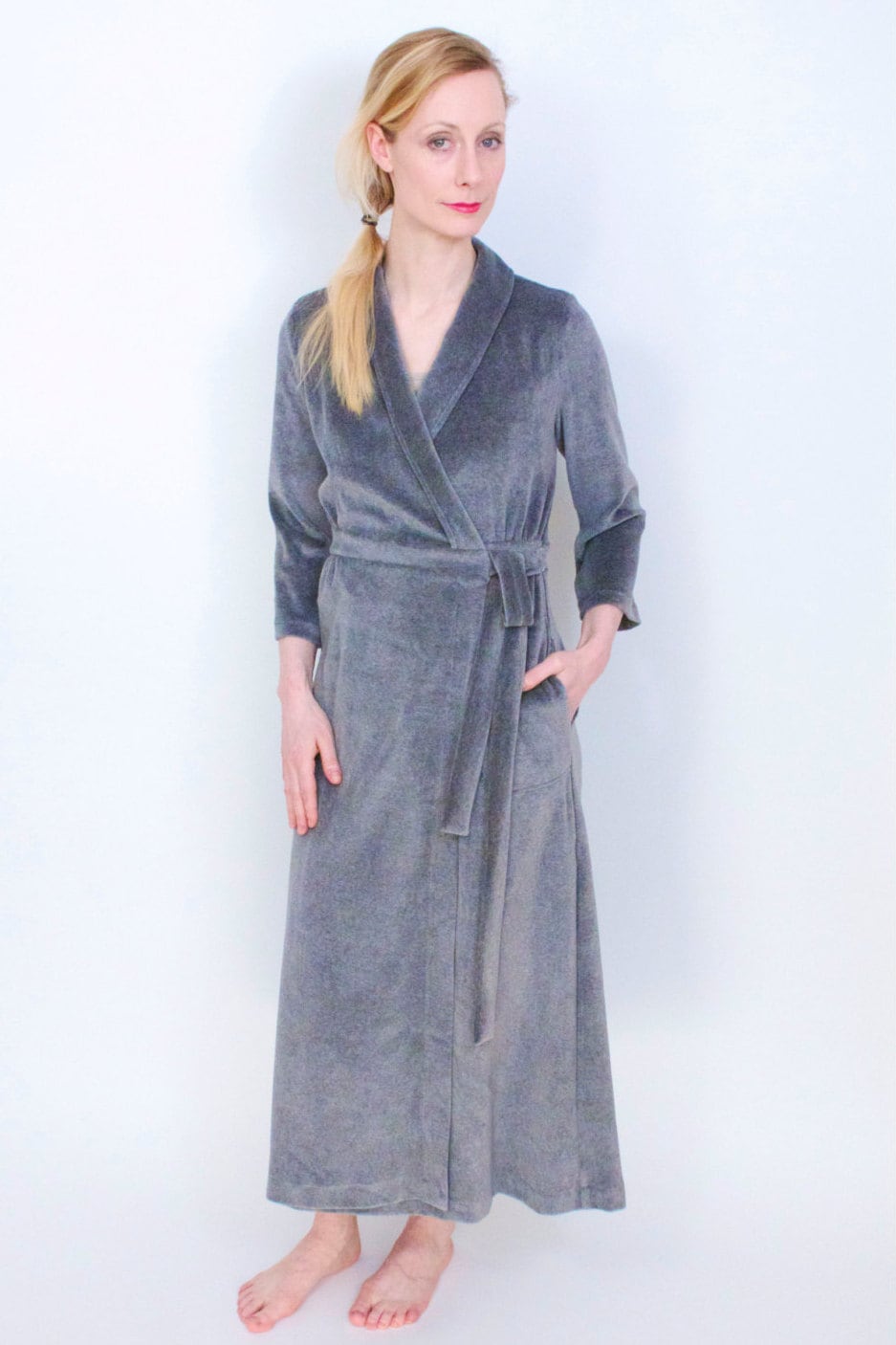 Gray Cotton Velour Kimono-style Robe, Women's Bathrobe, Housecoat ...