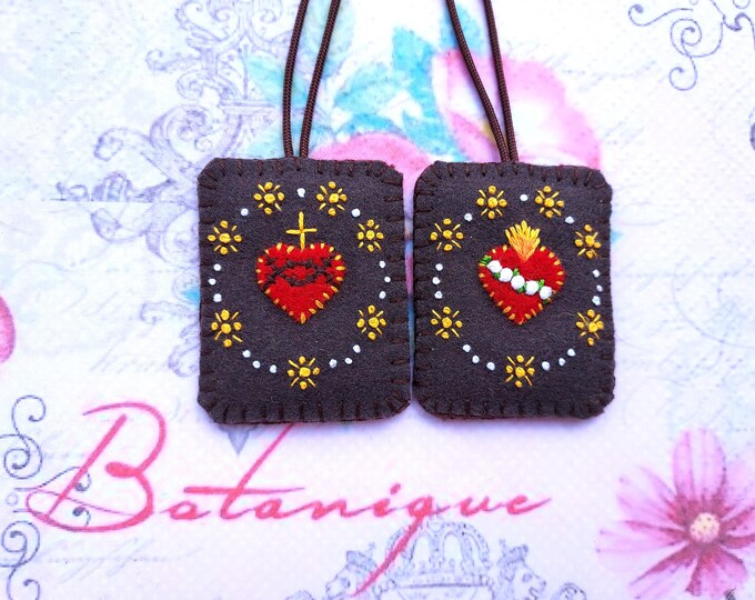 Small Brown Scapular With Sacred Heart of Jesus and Immaculate Heart of ...