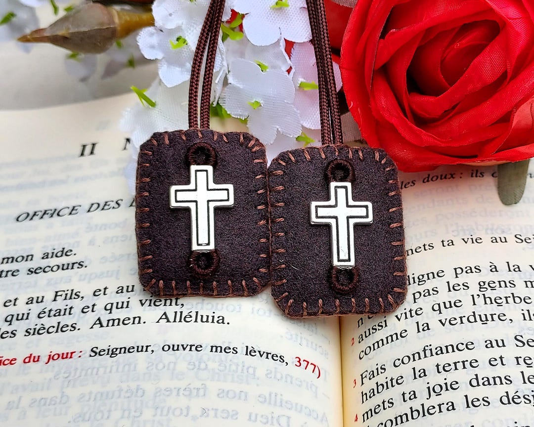 Small Wool Scapular With Small Metal Crosses Sewn on 100% Brown Wool ...