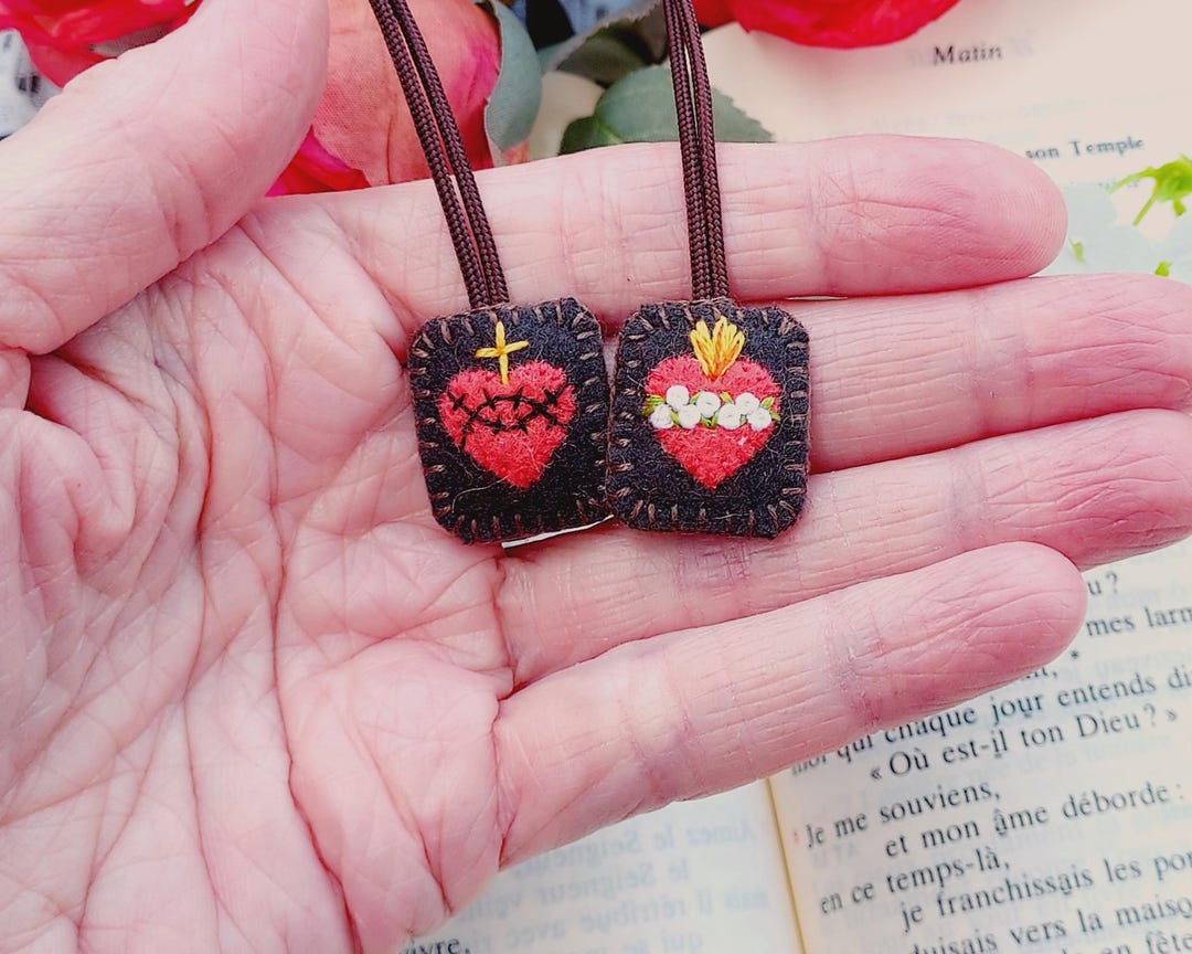 Small Wool Scapular With Sacred Heart and Immaculate Heart - Hand ...