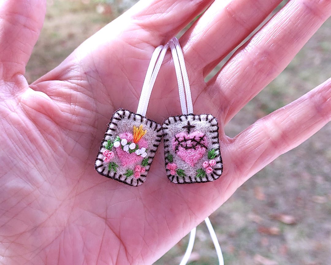 Small Brown Scapular With Sacred Heart and Immaculate Heart - Hand ...