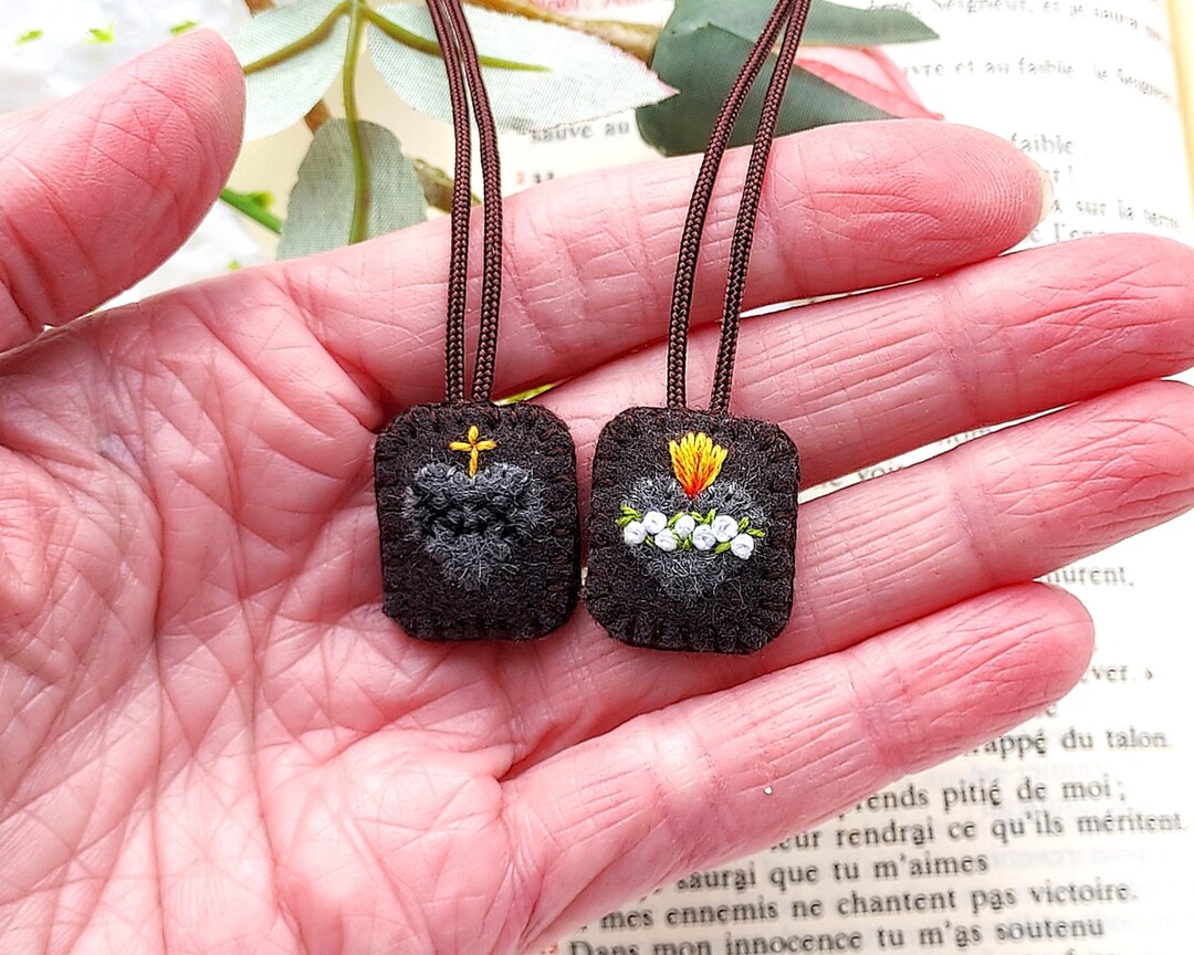 Mini Hand Embroidered Brown Scapular for Daily Use. Sacred Heart and ...