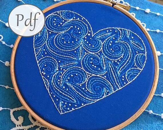 Hand Embroidery Pattern Pdf Blue Heart Beginner | Etsy