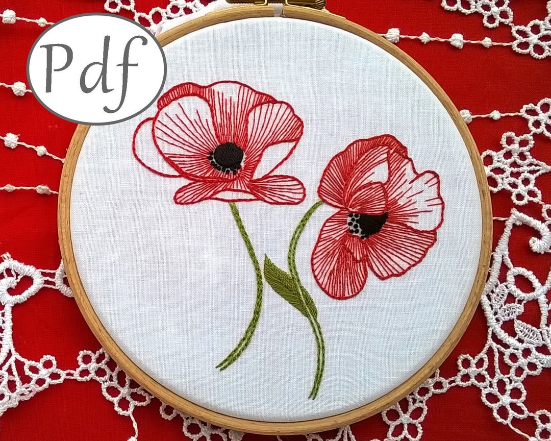 Pdf Pattern - Poppies Hand Embroidery Pattern - Beginner Embroidery ...