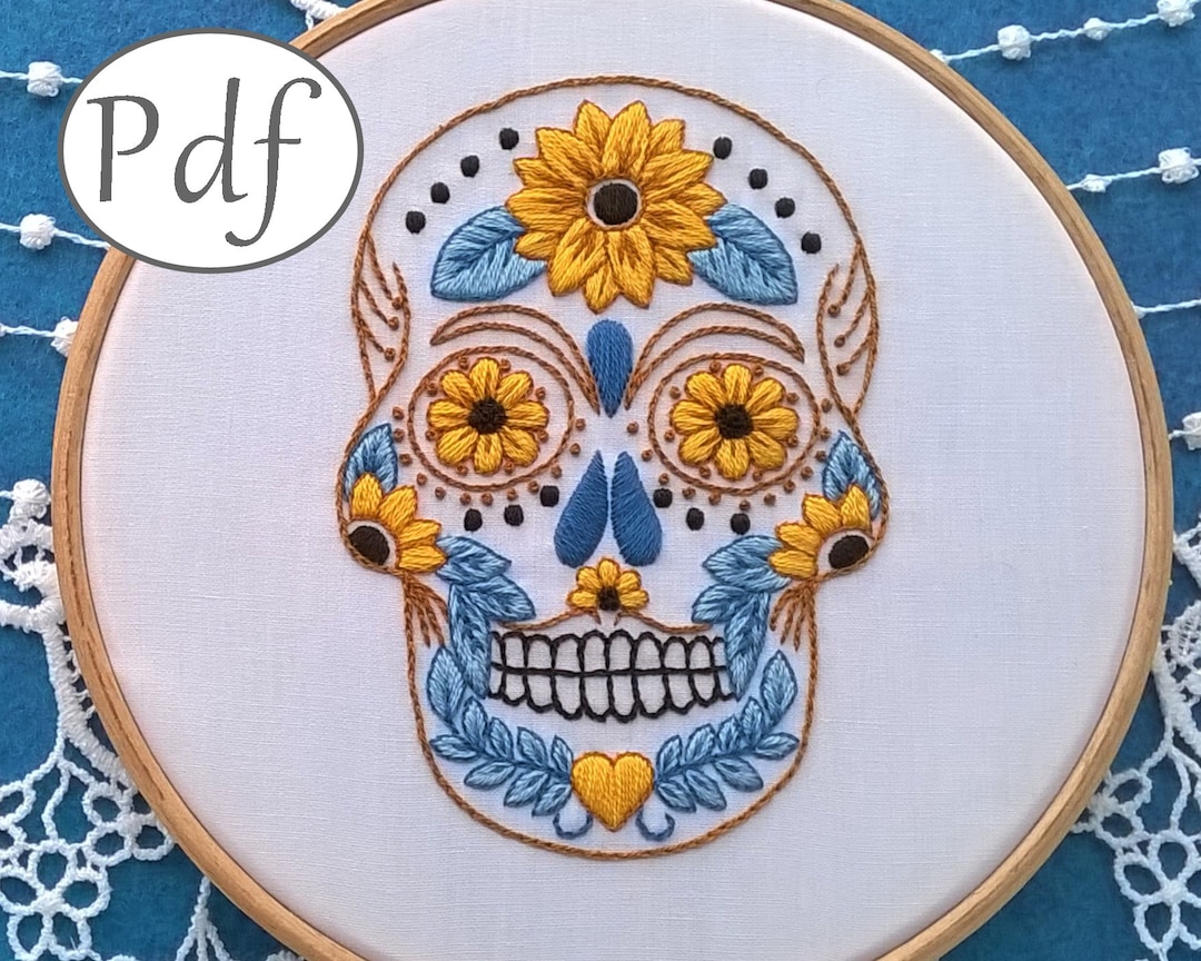 Sugar Skull Embroidery Pattern Pdf Mexican Skull and Sun Flower Design ...