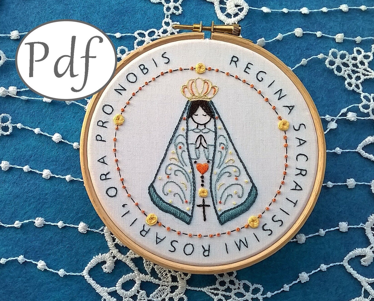 Hand Embroidery Pattern Pdf, Virgin Mary "queen of the Holy Rosary ...