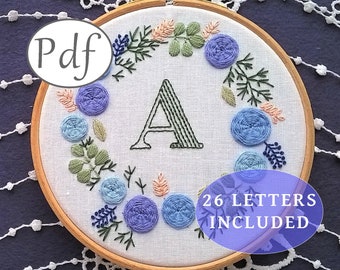 Initial Embroidery Pattern Pdf : Monogram With Floral Wreath | Etsy