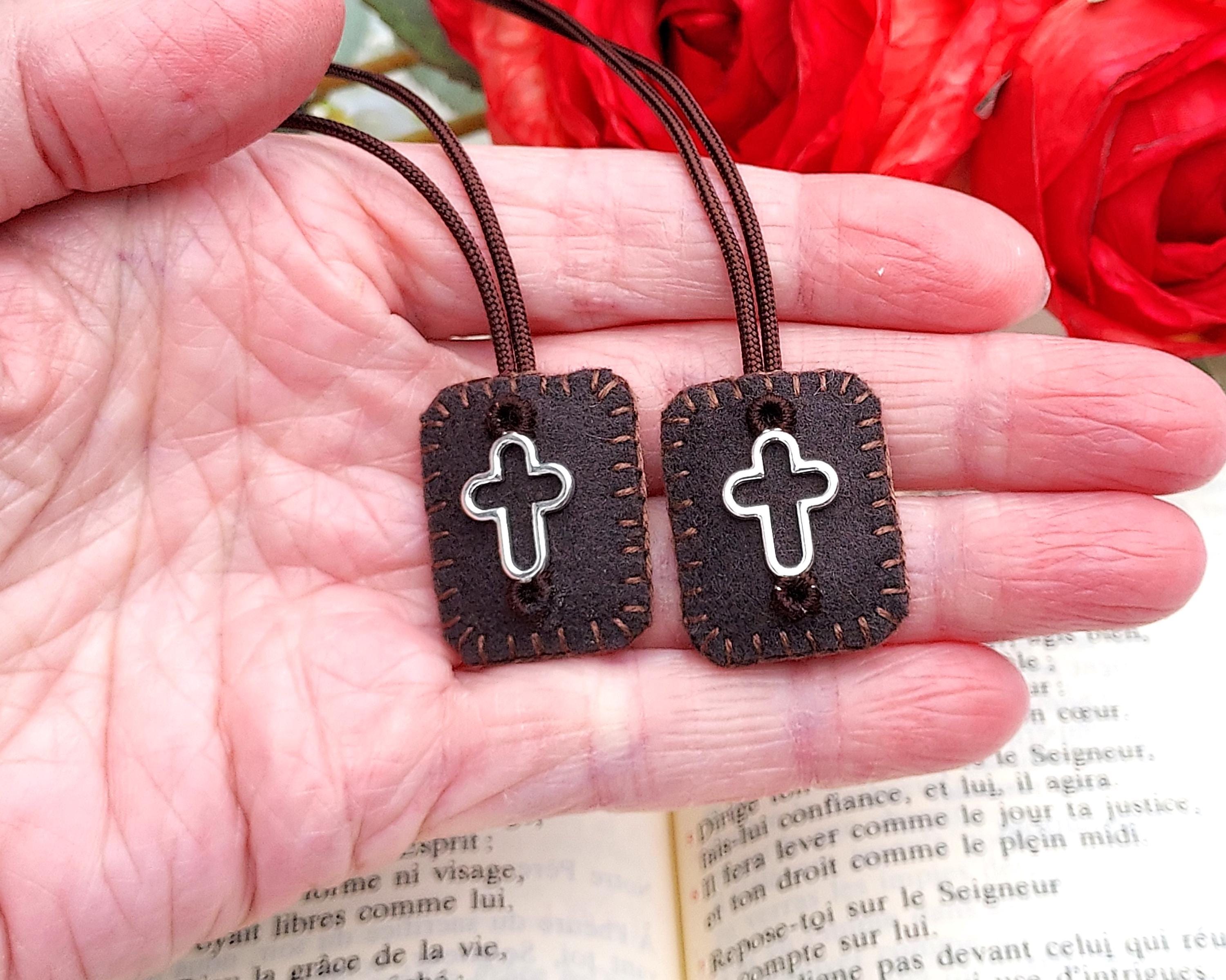 Mini Wool Scapular With a Heart-shaped Medal Engraved With Cross Hand ...