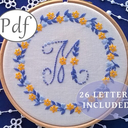 Initial Embroidery Pattern Pdf : Monogram With Floral Wreath - Etsy