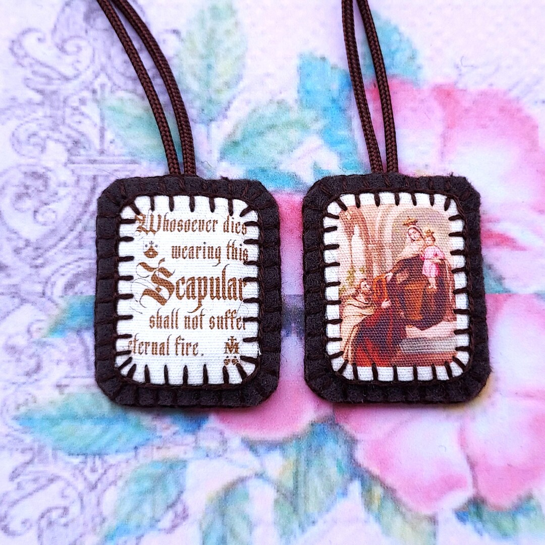 Brown Scapular With Our Lady of Mt. Carmel and Scapular Promise- Wool ...