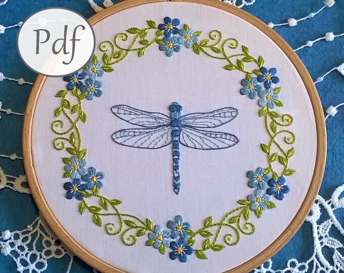 Hand Embroidery Pattern Pdf - Dragonfly and Floral Wreath With Forget ...