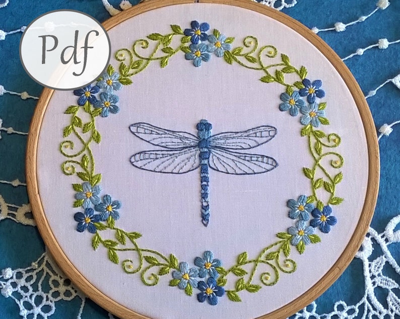 Hand Embroidery Pattern Pdf - Dragonfly and Floral Wreath With Forget ...