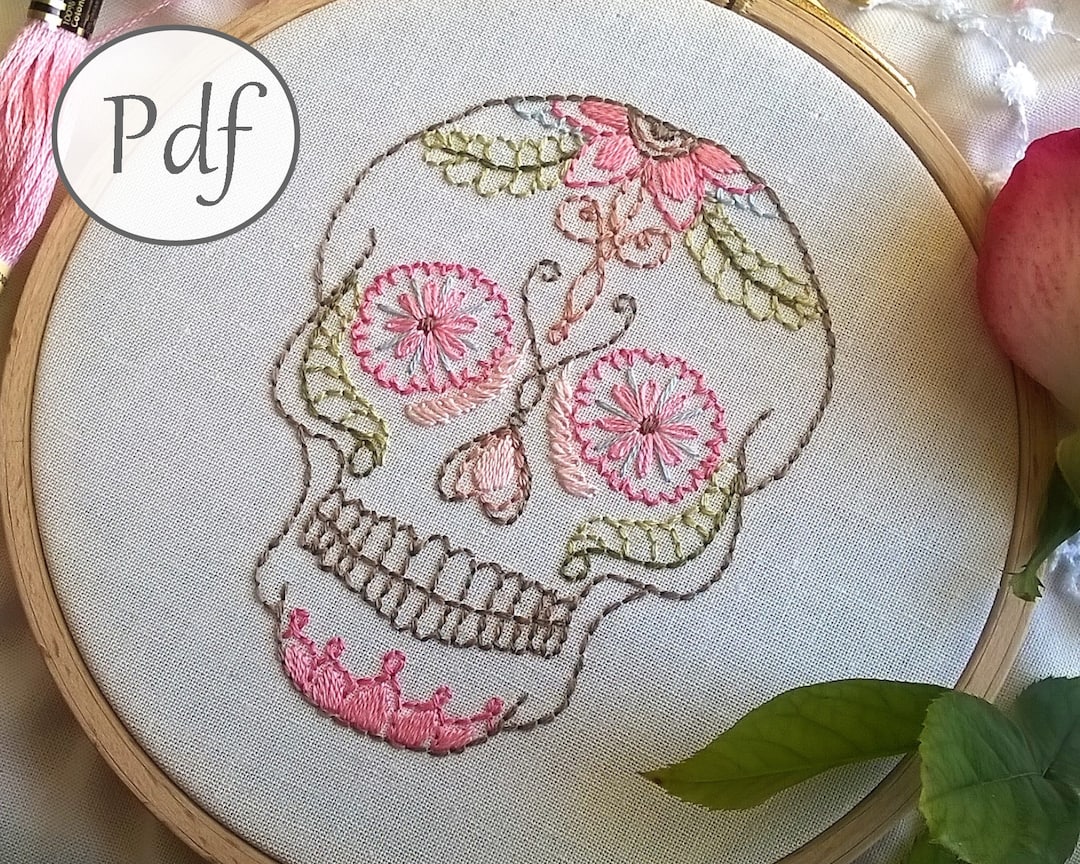 Sugar Skull Embroidery Pattern Pdf Mexican Skull With Pink Flowers ...