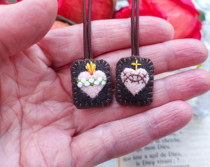 Tiny Wool Scapular - Hand Embroidered Brown Scapular With Sacred Heart ...