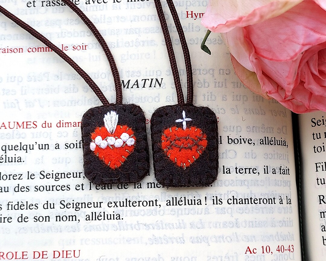 Mini Brown Scapular With Sacred Heart and Immaculate Heart - Hand ...