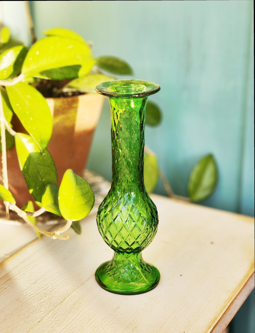 Vintage EB Brody Green Glass Flower Vase Diamondpattern - Etsy