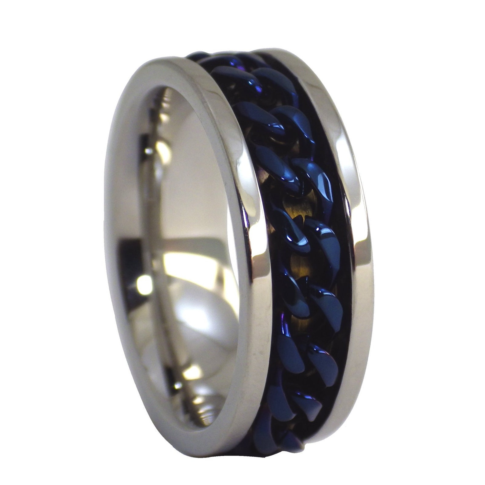 Electric Blue Chain Spinner Ring Mens Womens Stainless Steel Wedding ...