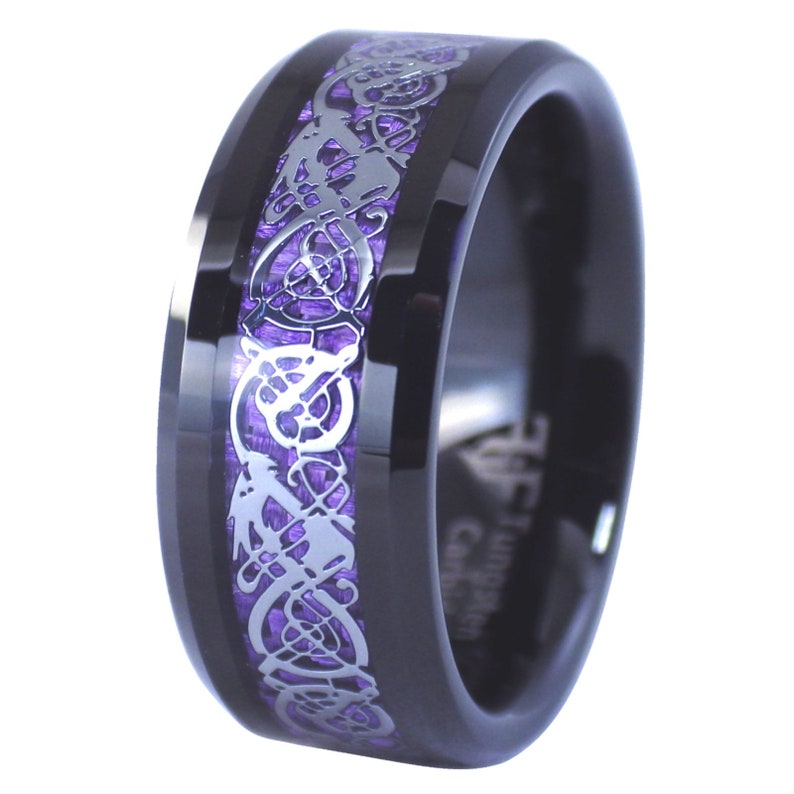 Black Tungsten Purple Celtic Dragon Ring 8mm Womens Mens Viking Wedding ...
