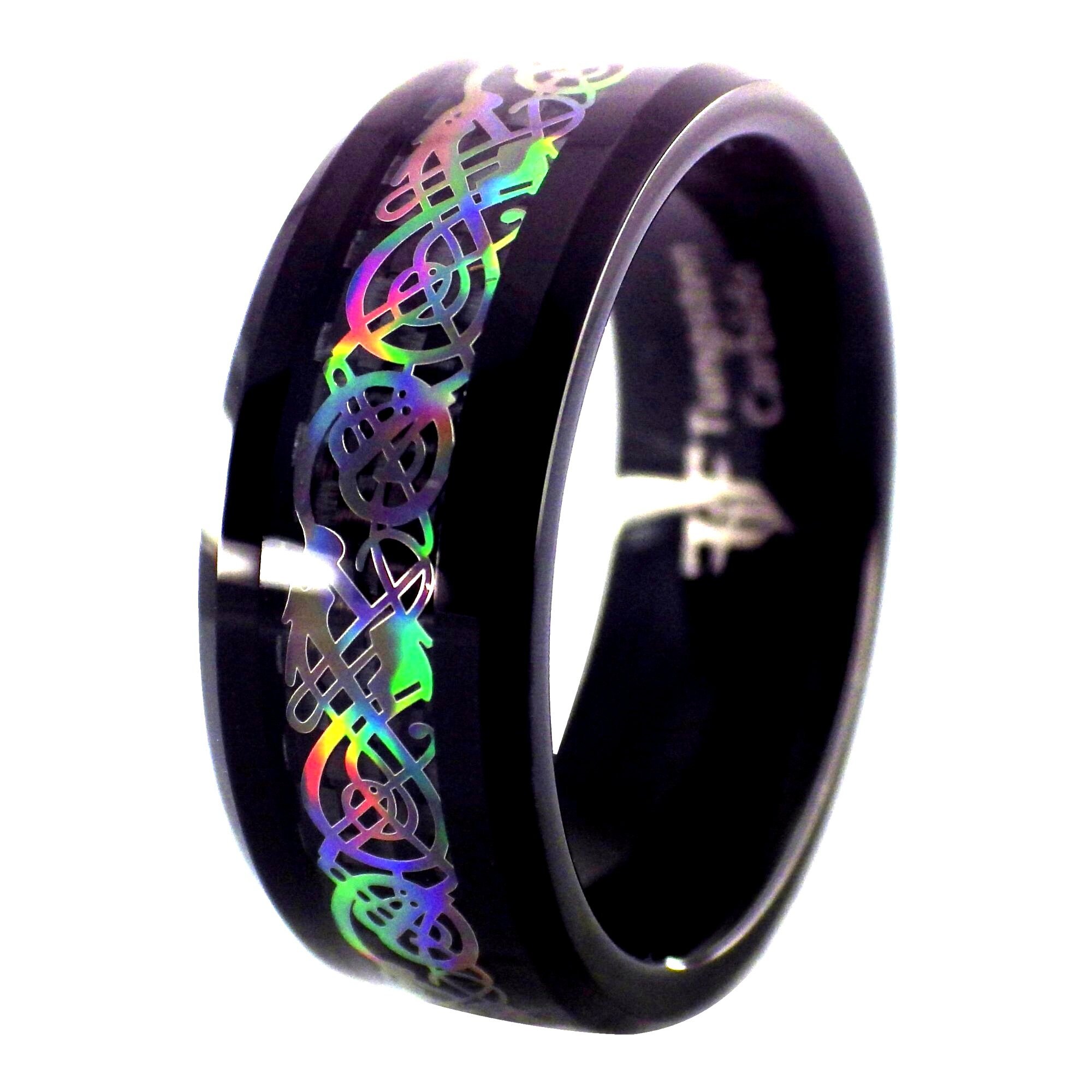 Black Tungsten Rainbow Hologram Style Celtic Dragon Ring Womens Mens Handfasting Wedding Band Etsy