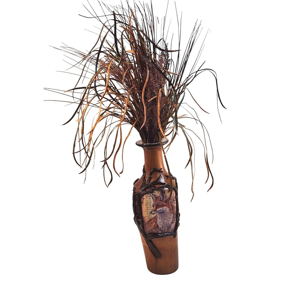Wooden Fence Post Vase With Fox Design & Faux Grass Grain Arrangement ...