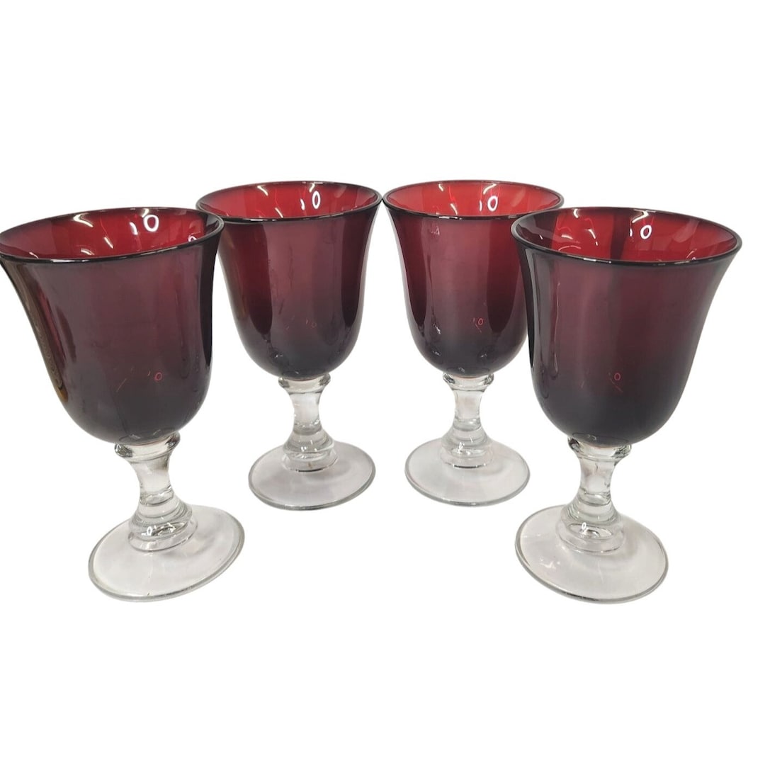 Set of 4 Vintage Ruby Red Wine Glasses Elegant Stemware 7.25 Inch Tall ...