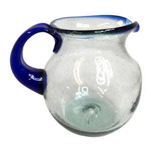 Handblown Glass Pitcher With Blue Handle & Rim 8 Inch Tall Clear Blue ...