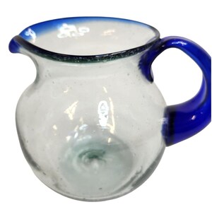 Handblown Glass Pitcher With Blue Handle & Rim 8 Inch Tall Clear Blue ...