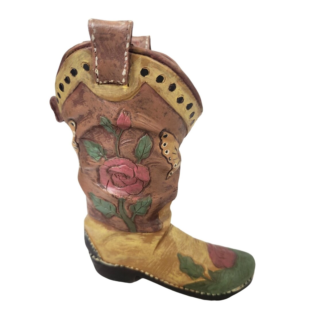 Resin Cowboy Boot Vase With Rose and Butterfly Design 6 Inches Tall ...