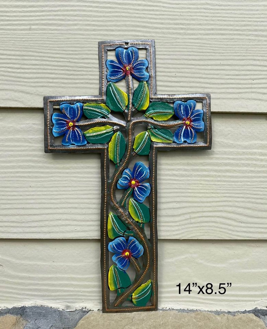 Cross Blue Floral Flowers Garden Indoor Outdoor Decor Jesus Easter ...