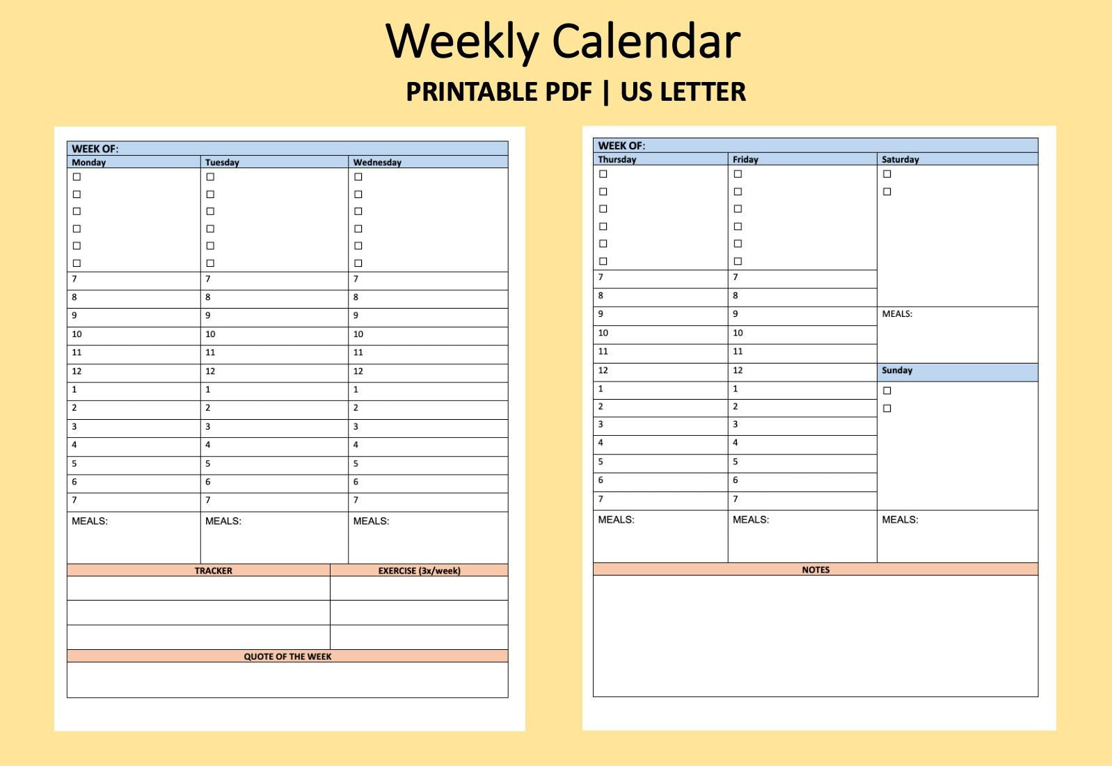 Simple Weekly Calendar, PDF, Digital Download, Printable, 11 X 8.5 ...