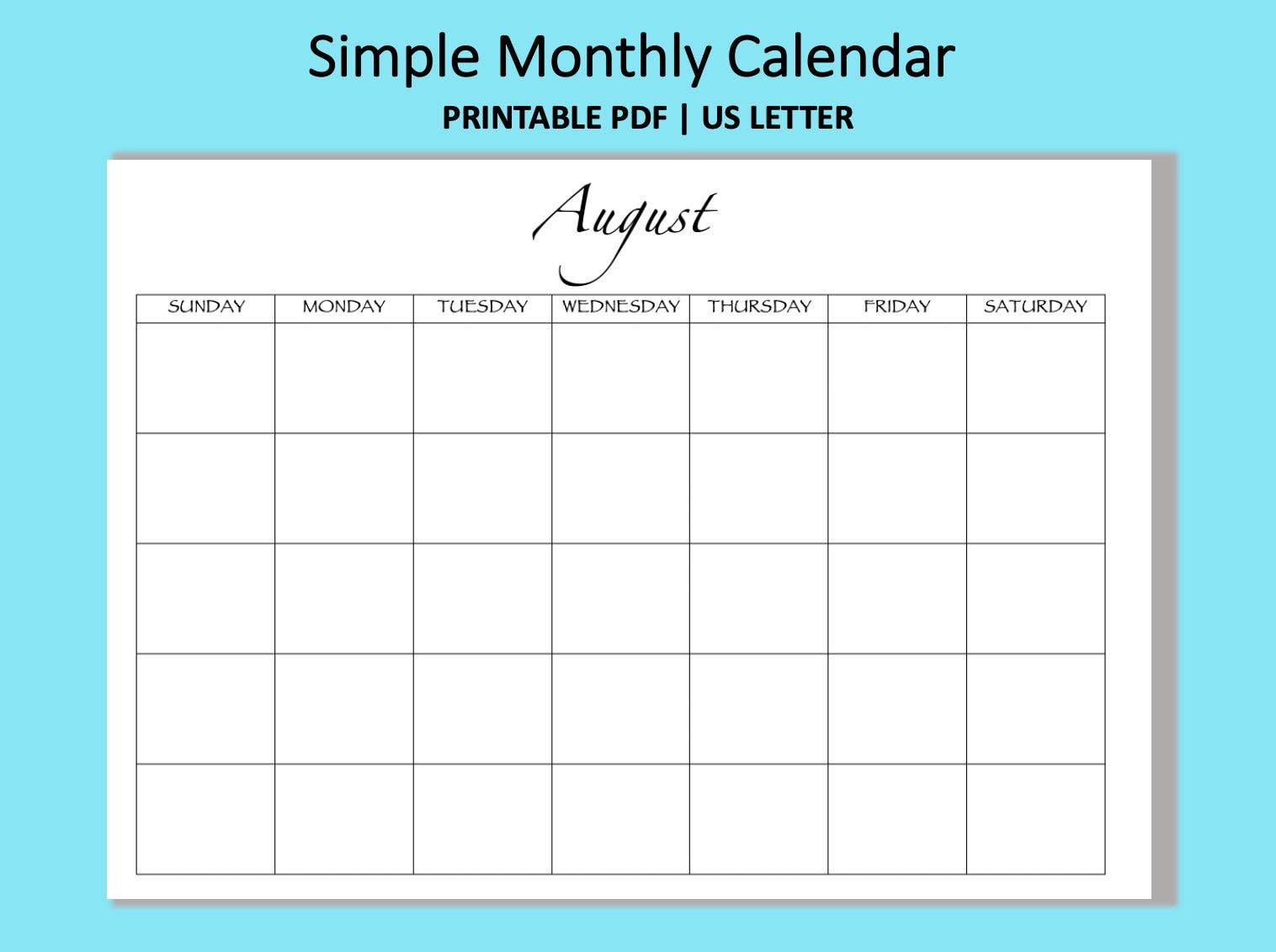 Simple Monthly Calendar, PDF, Digital Download, Printable, 11 X 8.5 ...