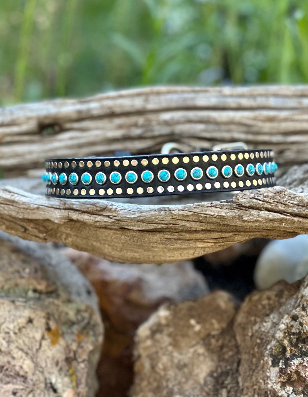 Turquoise Studded Dog Collar Leather Dog Collar Studded Dog Collar ...