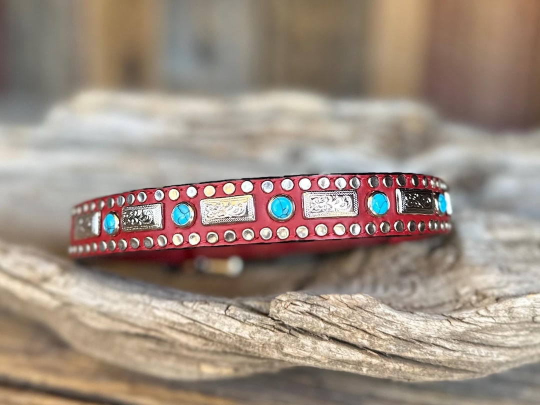 Red Leather Dog Collar – Turquoise, Western Style (1 Inch Wide) - Etsy