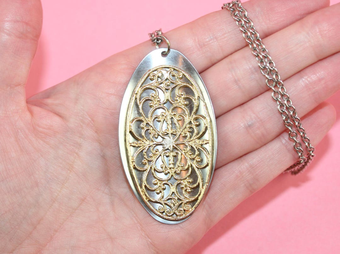 Stunning Vintage 60s Necklace LARGE Pendant Stainless Steel Silver Tone ...