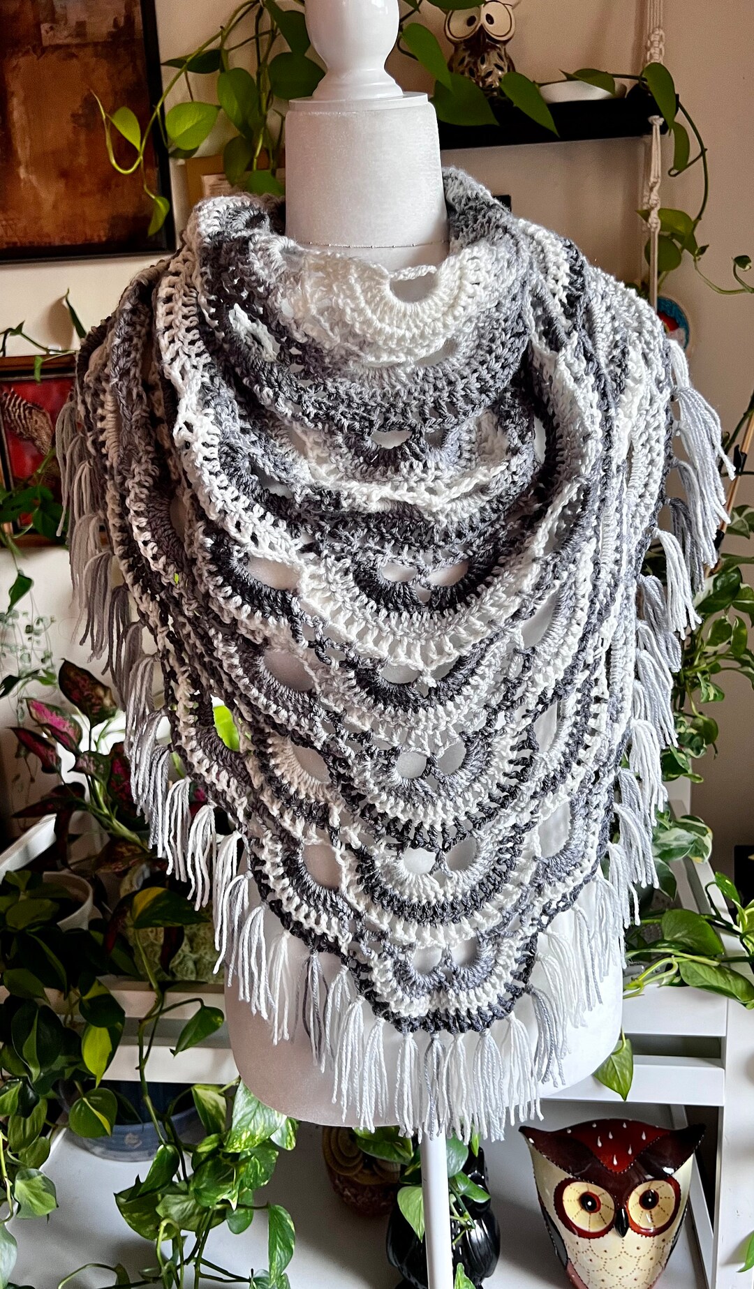 Crochet Virus Shawl: Grey & White Fringe Triangle Scarf - Etsy