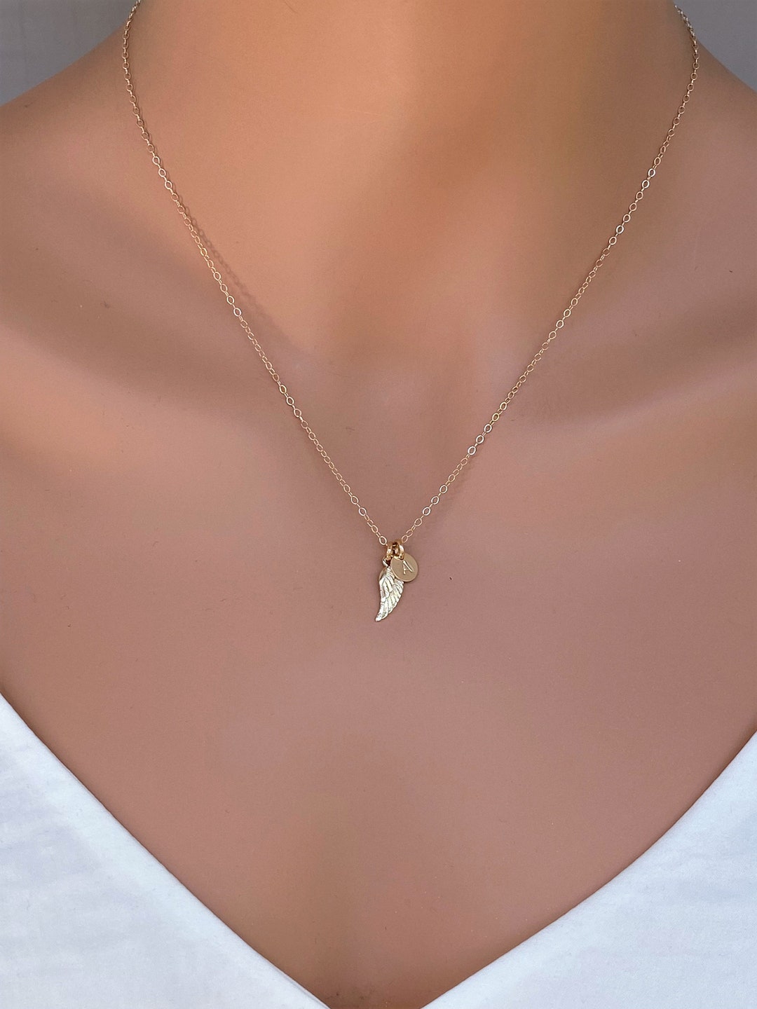 14k Solid Gold Angle Wing Tiny Initial, Personalized Angle Wing, Real ...