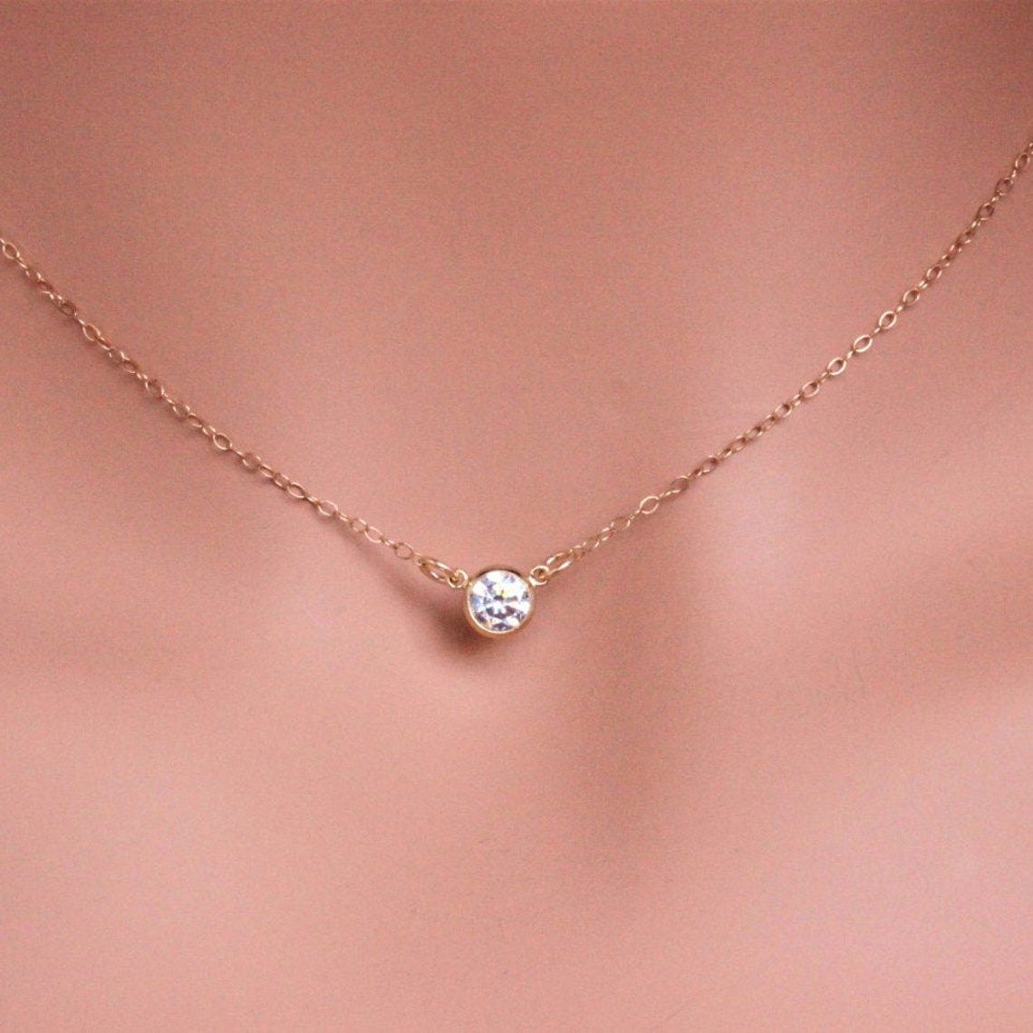 Gold CZ dot necklace Cubic Zircona Solitaire Necklace in 14k | Etsy