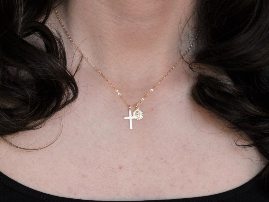 14k Gold Fill Baptism Necklace: Virgin Mary & Cross Medallion - Etsy